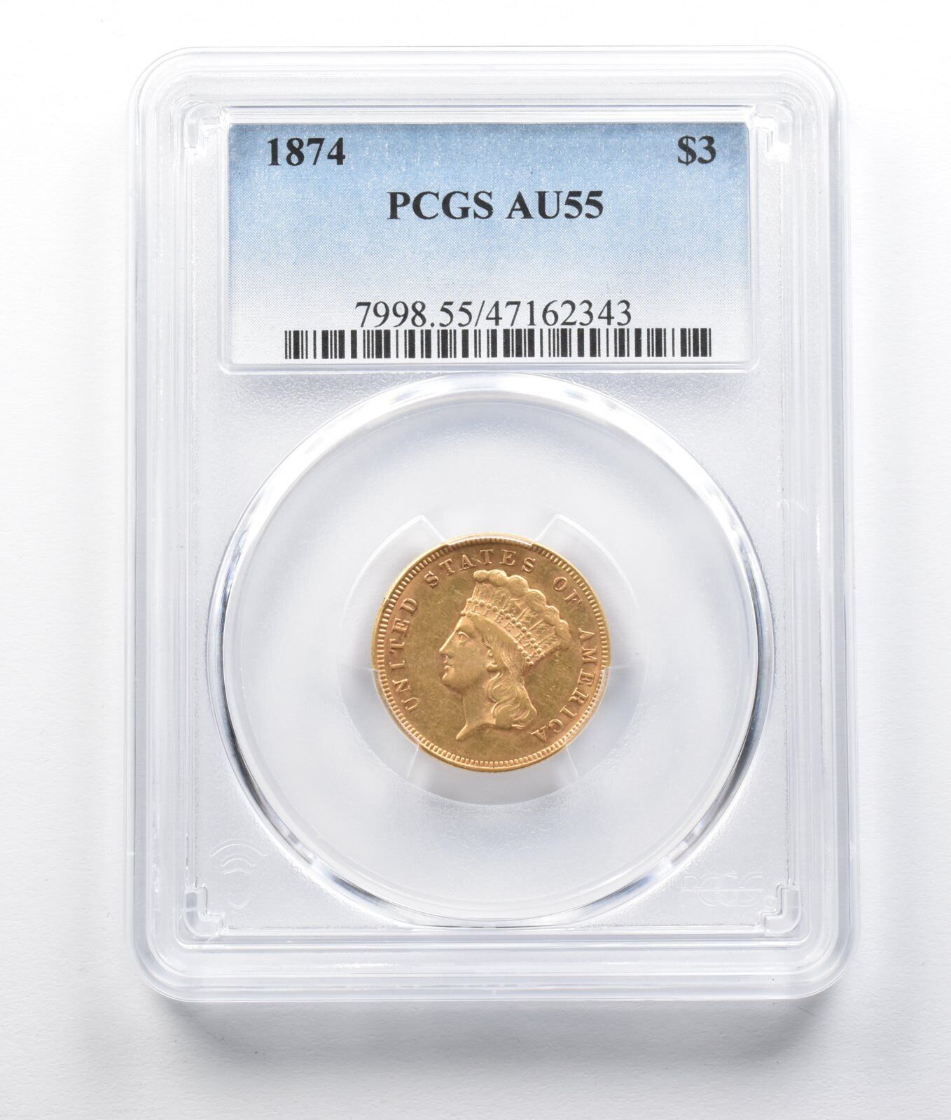 1874 $3 Indian Head Princess Gold AU55 Certified Coin | GoldInSilver